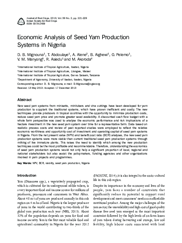(PDF) Economic analysis of seed yam production systems in Nigeria