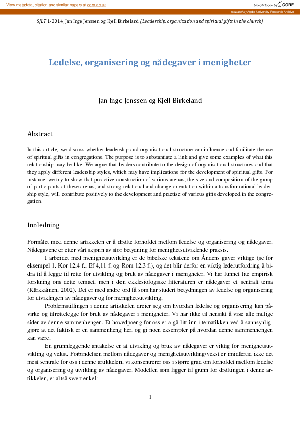 (PDF) Ledelse, organisering og nådegaver i menigheter
