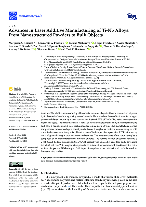 (PDF) Advances in Laser Additive Manufacturing of Ti-Nb Alloys: From ...