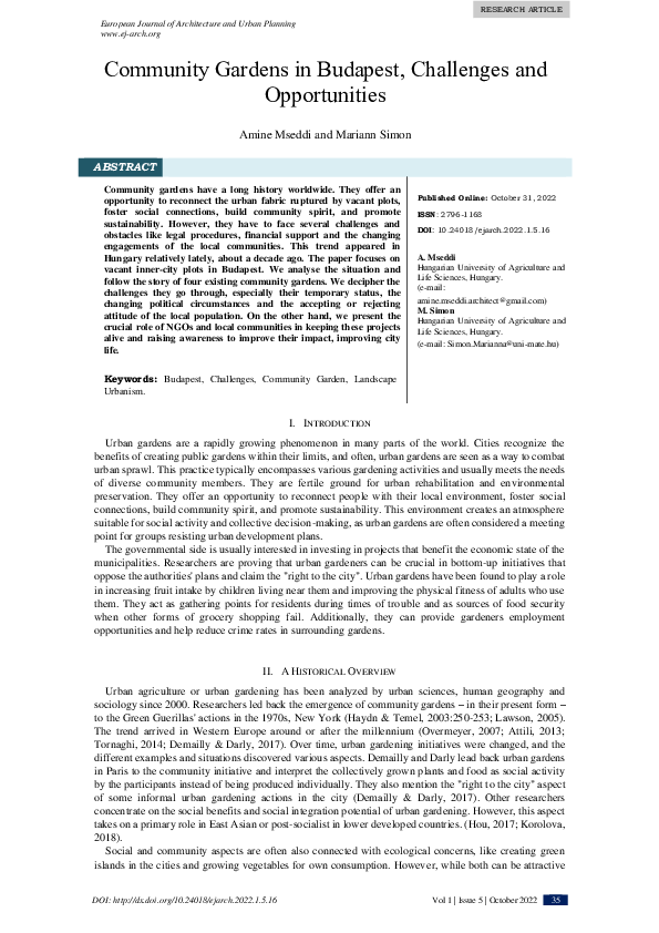 (PDF) Community Gardens in Budapest, Challenges and Opportunities