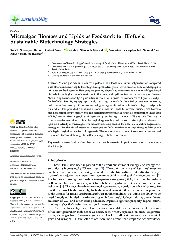 (PDF) Microalgae Biomass and Lipids as Feedstock for Biofuels: Sustainable Biotechnology Strategies