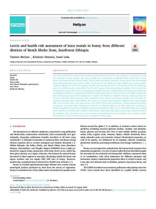 (PDF) Levels and health risk assessment of trace metals in honey from ...