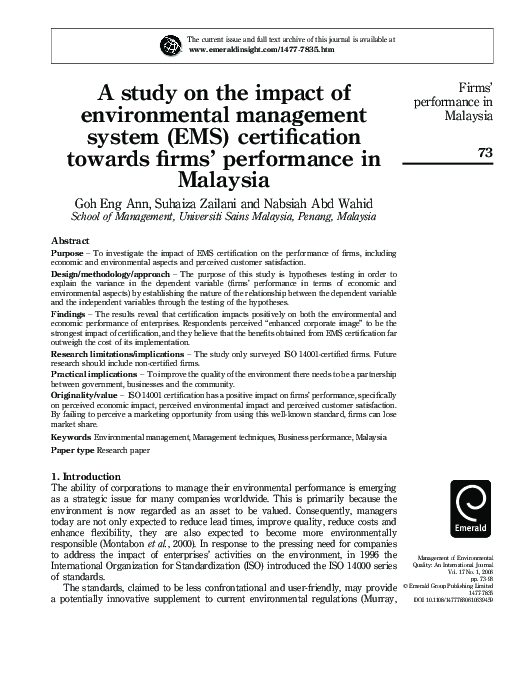(PDF) A study on the impact of environmental management system (EMS) certification towards firms ...