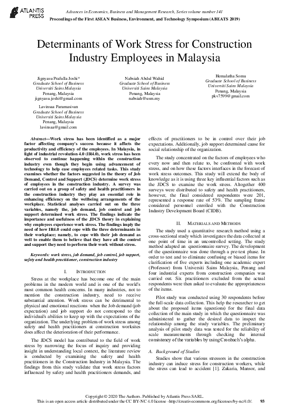 (PDF) Determinants of Work Stress for Construction Industry Employees ...