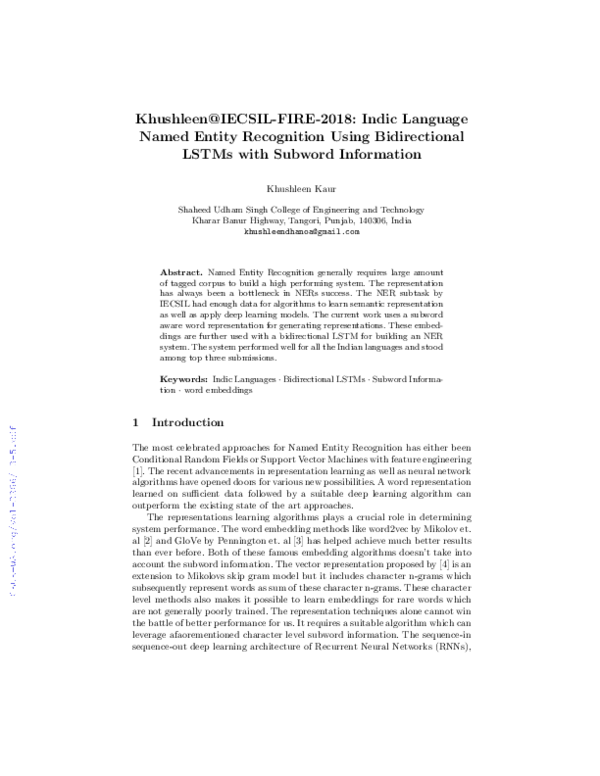 (PDF) Khushleen@IECSIL-FIRE-2018: Indic Language Named Entity Recognition using Bidirectional ...