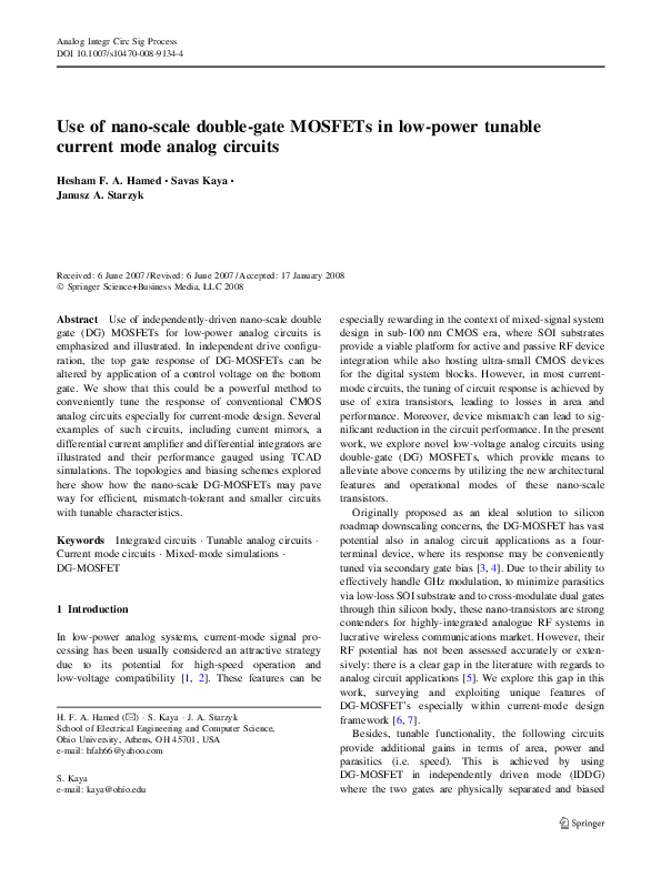 (PDF) Use of nano-scale double-gate MOSFETs in low-power tunable current mode analog circuits