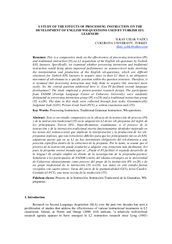 (PDF) A Study of the Effects of Processing Instruction on the Development of English WH ...
