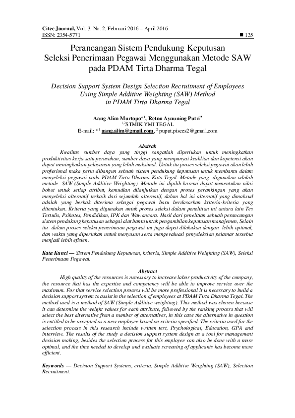 (PDF) Perancangan Sistem Pendukung Keputusan Seleksi Penerimaan Pegawai Menggunakan Metode SAW ...