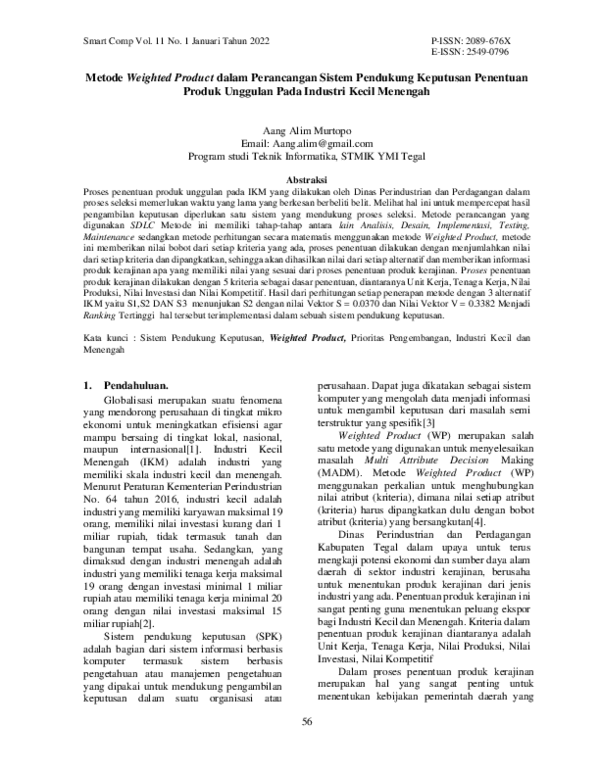 Pdf Metode Weighted Product Dalam Perancangan Sistem Pendukung