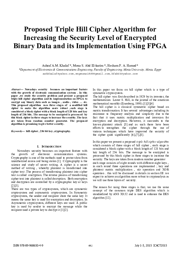 (PDF) Proposed triple hill cipher algorithm for increasing the security level of encrypted ...