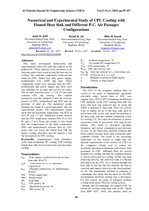 (PDF) Numerical and Experimental Study of CPU Cooling with Finned Heat Sink and Different P.C ...