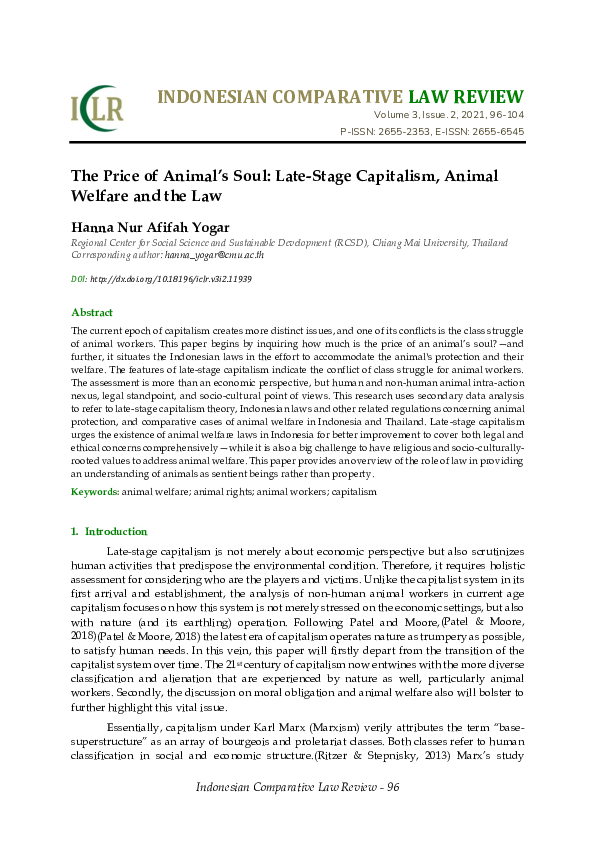(PDF) The Price of Animal’s Soul: Late-Stage Capitalism, Animal Welfare and the Law
