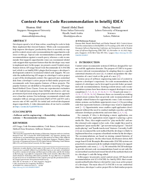 (PDF) Context-aware code recommendation in Intellij IDEA