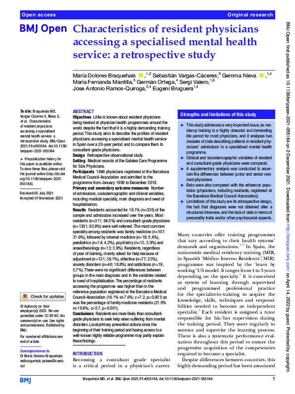 (PDF) Characteristics of resident physicians accessing a specialised mental health service: a ...