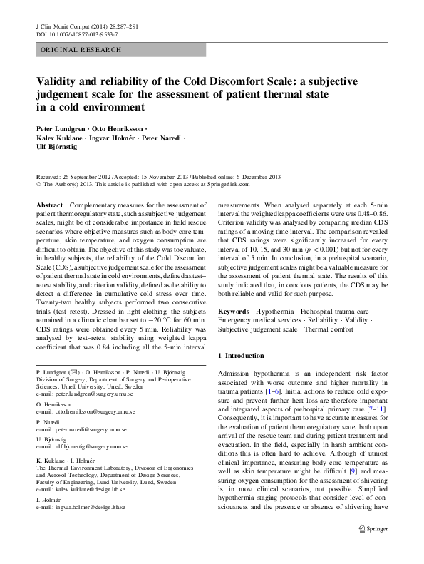 (PDF) Validity and reliability of the Cold Discomfort Scale: a subjective judgement scale for ...