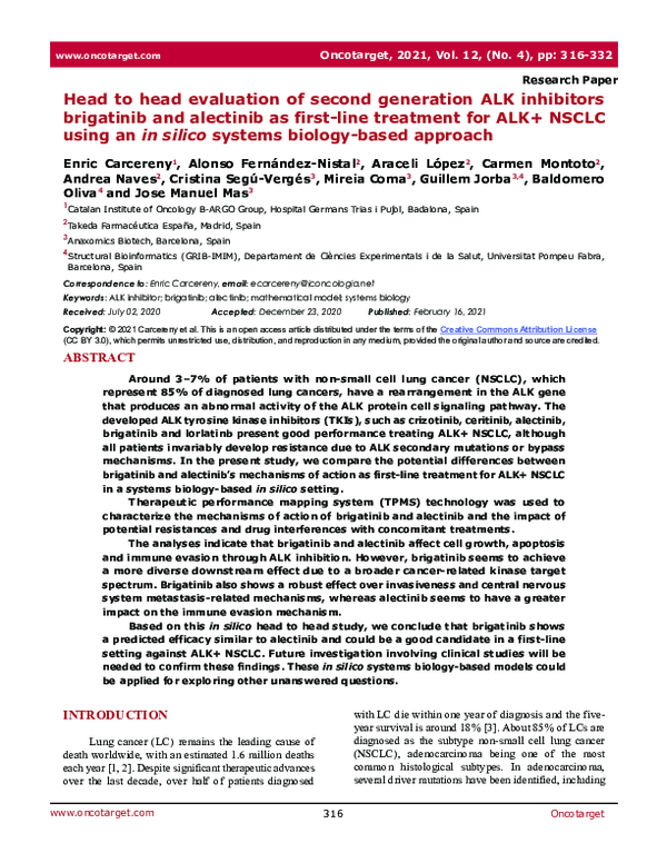 (PDF) Head to head evaluation of second generation ALK inhibitors brigatinib and alectinib as ...