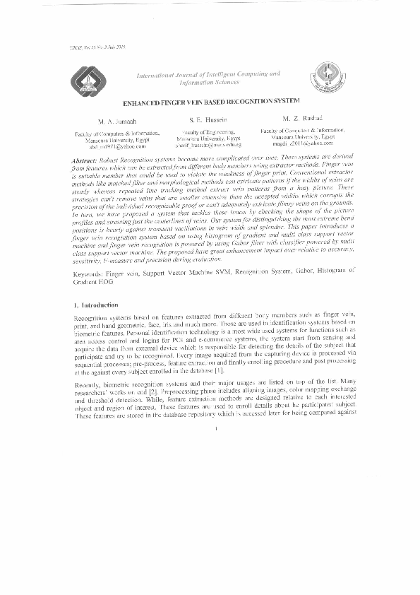 Pdf Enhanced Finger Vein Based Recognition System