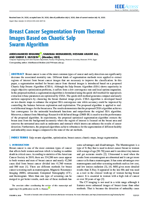 Pdf Breast Cancer Segmentation From Thermal Images Based On Chaotic Salp Swarm Algorithm