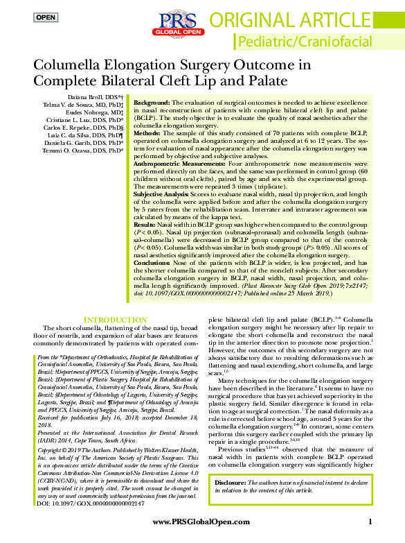 (PDF) Columella Elongation Surgery Outcome in Complete Bilateral Cleft ...