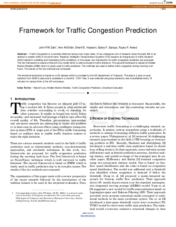 Pdf Framework For Traffic Congestion Prediction