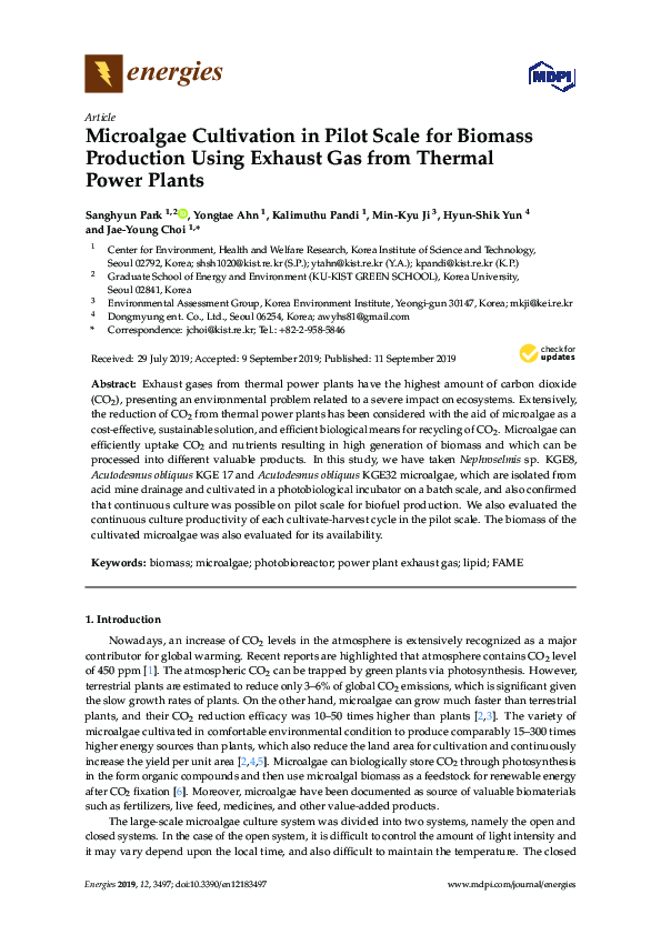 (PDF) Microalgae Cultivation in Pilot Scale for Biomass Production Using Exhaust Gas from ...