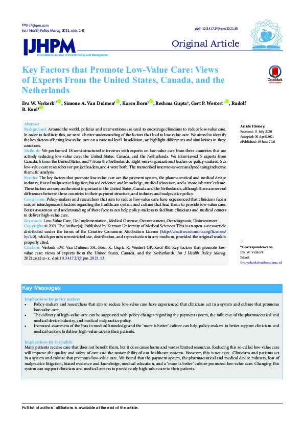 (PDF) Key Factors that Promote Low-Value Care: Views of Experts From ...