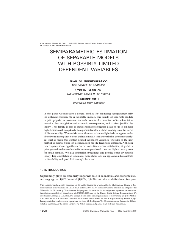 Pdf Semiparametric Estimation Of Separable Models With Possibly