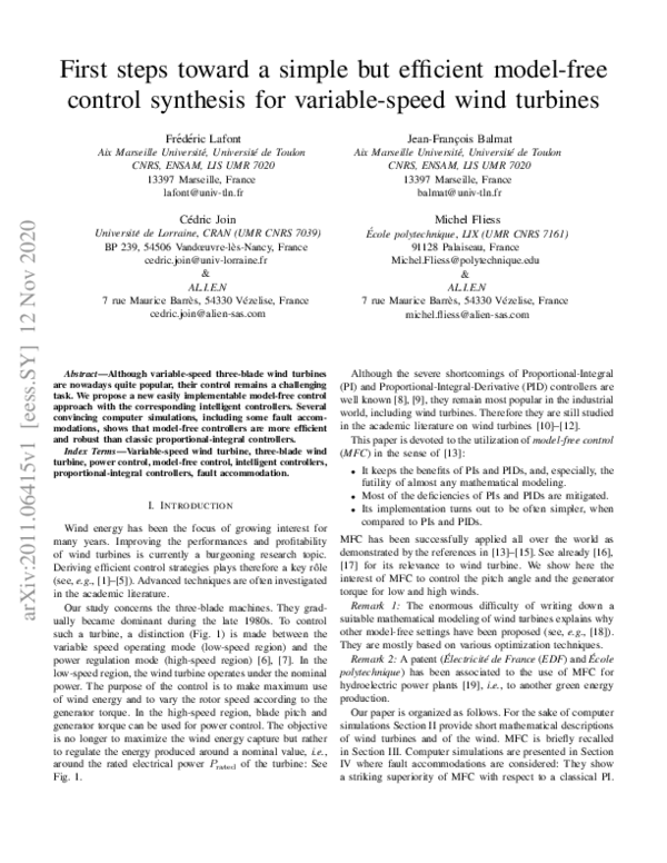 (PDF) First Steps Toward a Simple but Efficient Model-free Control Synthesis for Variable-speed ...