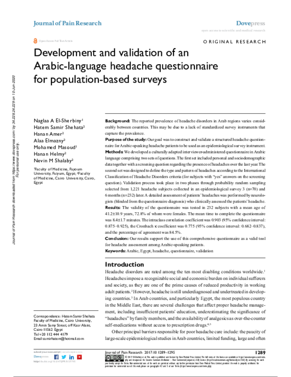(PDF) Development and validation of an Arabic-language headache questionnaire for population ...
