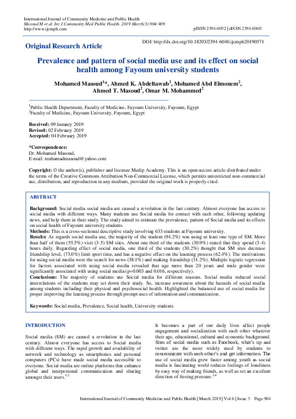 (PDF) Prevalence and pattern of social media use and its effect on ...
