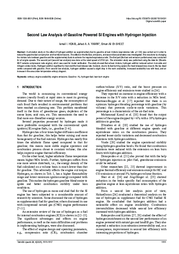 Pdf Second Law Analysis Of Gasoline Powered Si Engines With Hydrogen Injection