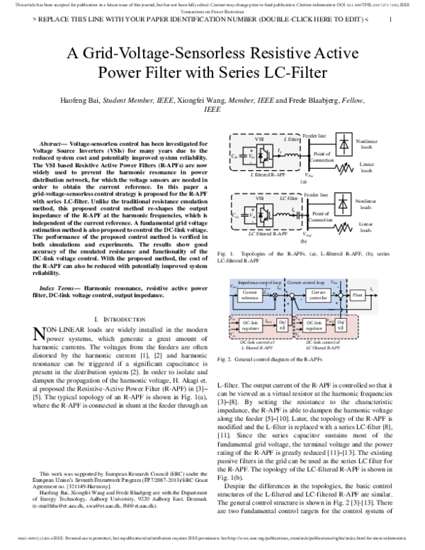 Pdf A Grid Voltage Sensorless Resistive Active Power Filter With Series Lc Filter