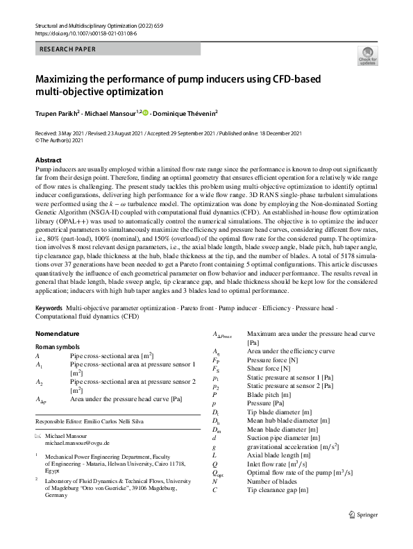 Pdf Maximizing The Performance Of Pump Inducers Using Cfd Based Multi Objective Optimization