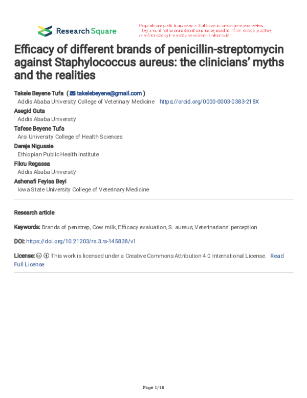 (PDF) Efficacy of different brands of penicillin-streptomycin against Staphylococcus aureus: the ...