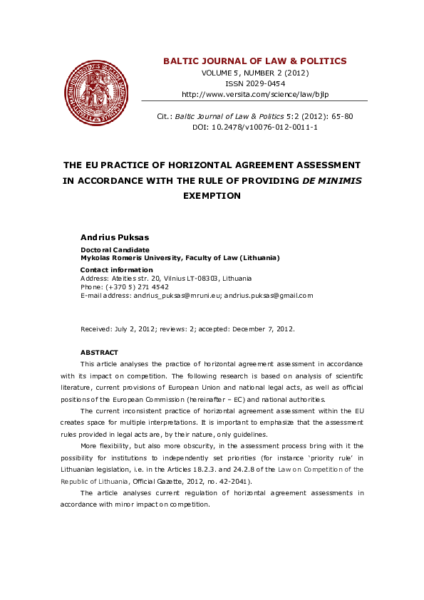 (PDF) The EU Practice of Horizontal Agreement Assessment in Accordance ...