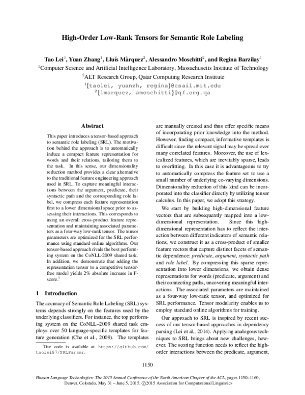 (PDF) High-Order Low-Rank Tensors for Semantic Role Labeling