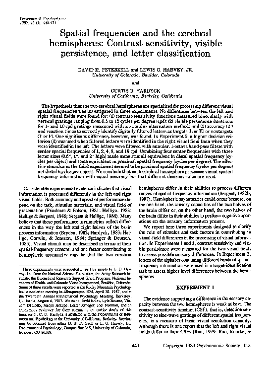 (PDF) Spatial frequencies and the cerebral hemispheres: Contrast sensitivity, visible ...
