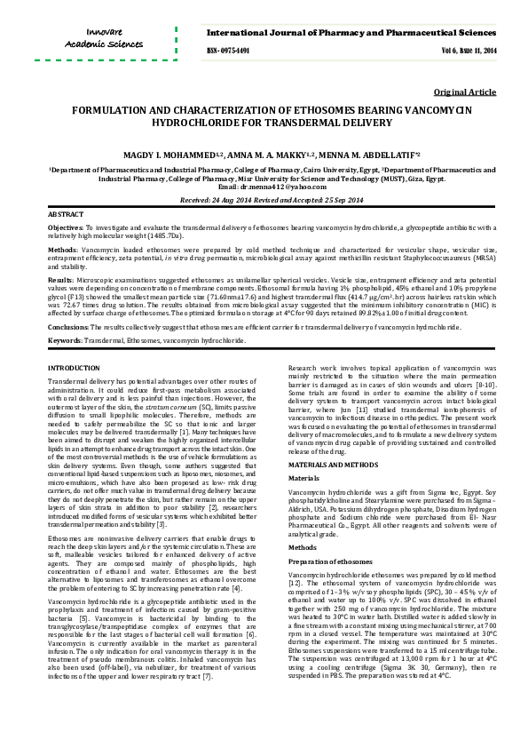 Pdf Formulation And Characterization Of Ethosomes Bearing Vancomycin Hydrochloride For