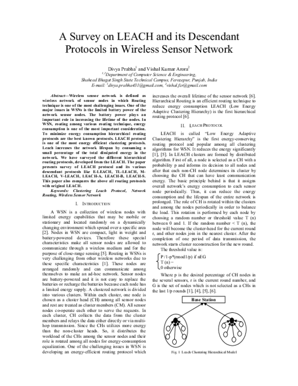 Pdf A Survey On Leach And Its Descendant Protocols In Wireless Sensor Network Divya Prabha
