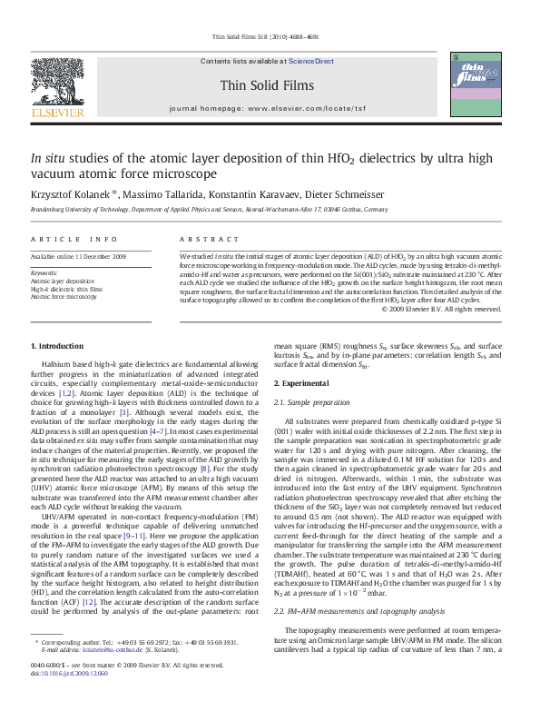 (PDF) In situ studies of the atomic layer deposition of thin HfO2 dielectrics by ultra high ...