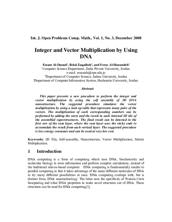 (PDF) Integer and Vector Multiplication by Using DNA