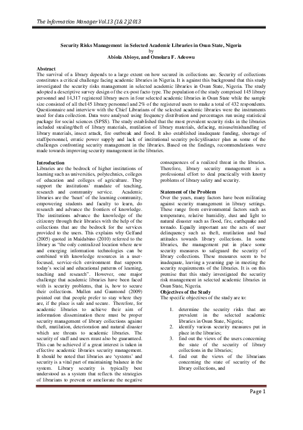 (PDF) Security Risks Management in Selected Academic Libraries in Osun ...