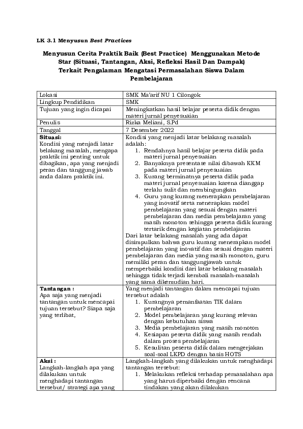 (DOC) Menyusun Best Practices dengan METODE STAR