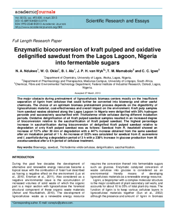 (PDF) Enzymatic bioconversion of kraft pulped and oxidative delignified sawdust from the Lagos ...