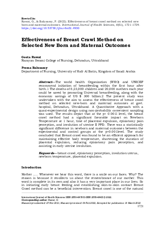 (PDF) Effectiveness of breast crawl method on selected new born and maternal outcomes