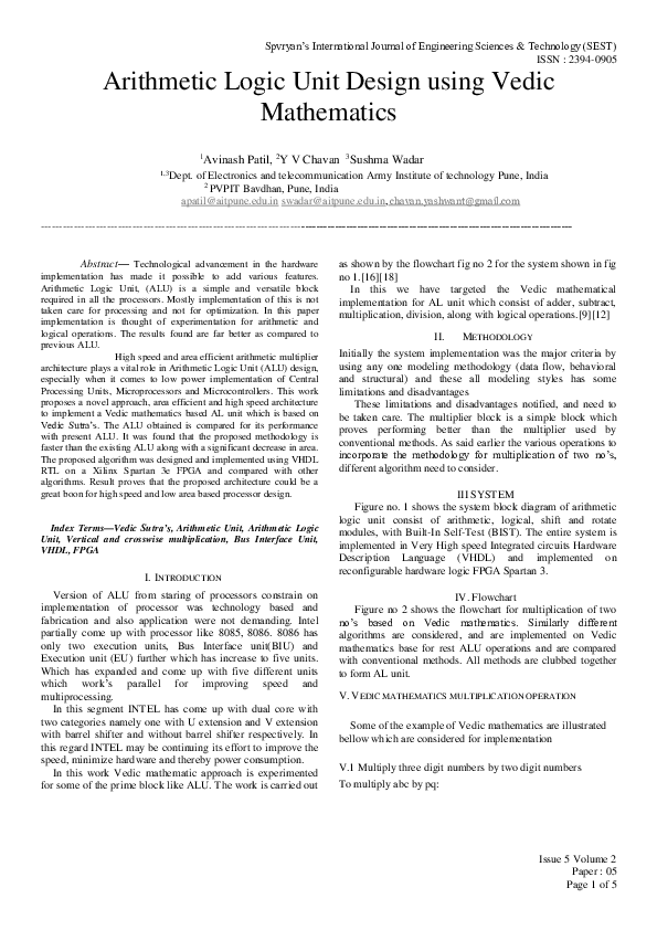 Pdf Vedic Math Based High Speed Area Efficient Alu Design