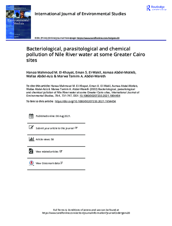 (PDF) Bacteriological, parasitological and chemical pollution of Nile River water at some ...