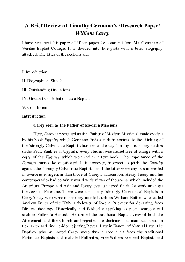 (DOC) A Brief Review of Timothy Germano's 'Research Paper' William Carey