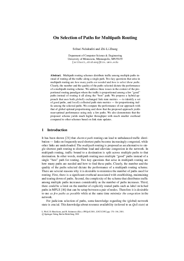 (PDF) On Selection of Paths for Multipath Routing