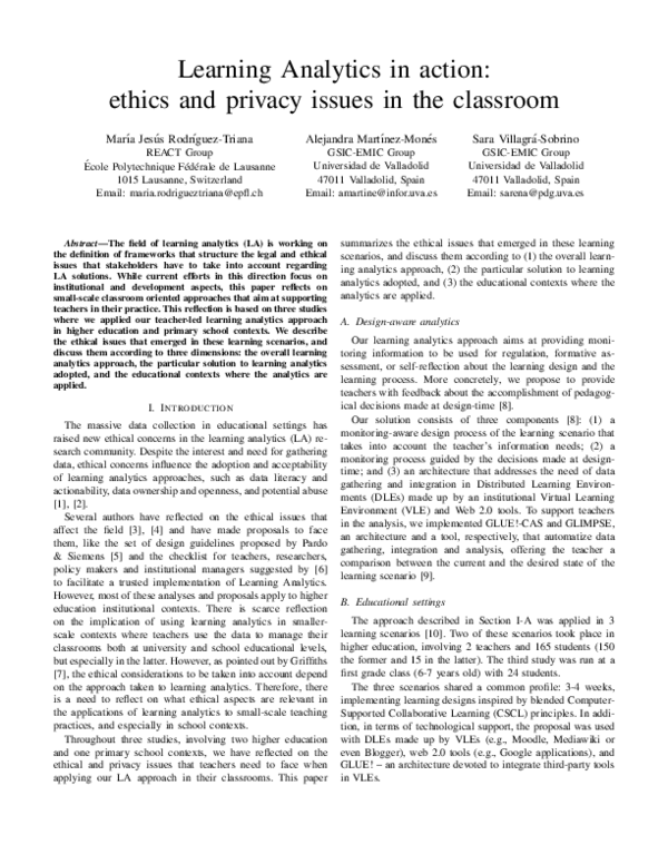 (PDF) Learning Analytics in action: ethics and privacy issues in the classroom | Maria Jesus ...